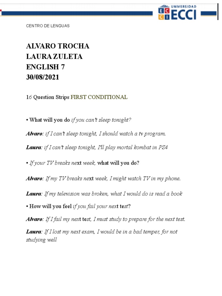 Alvaro Trocha Laura Zuleta English 7 30/08/2021: 16 Question Strips | PDF