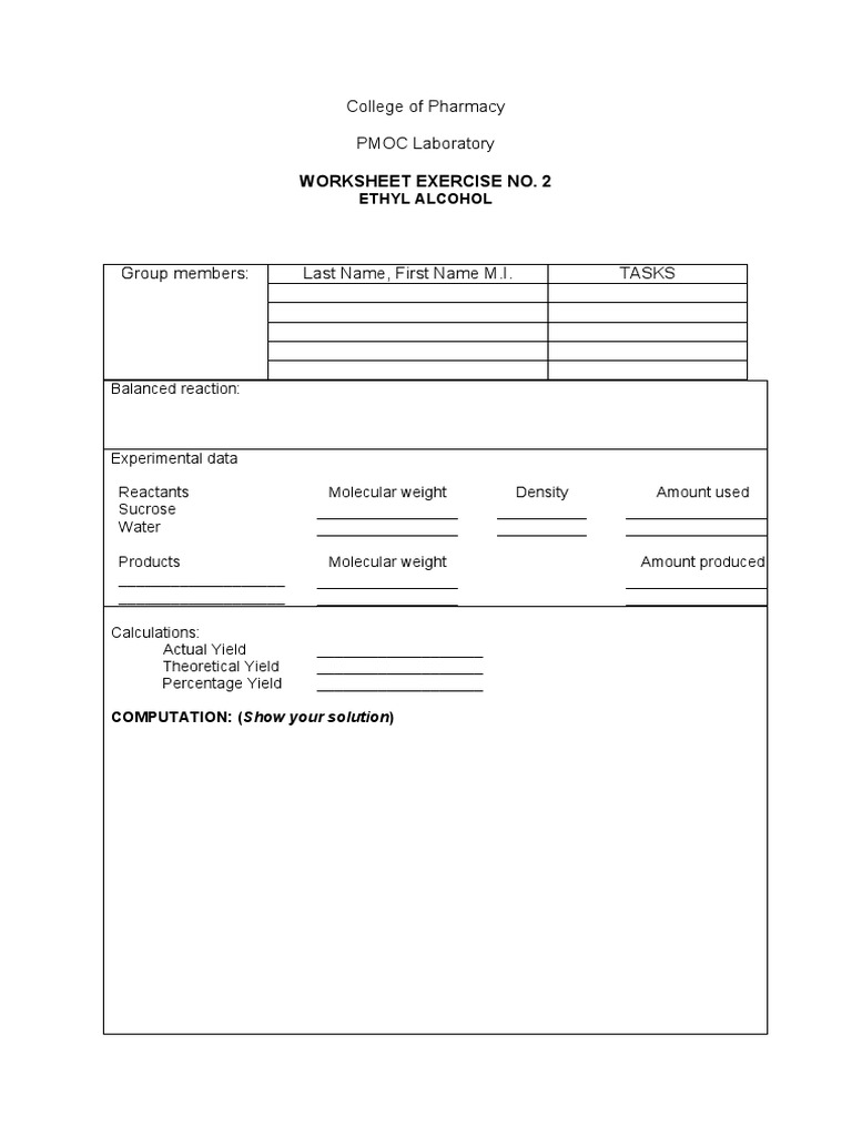 College of Pharmacy PMOC Laboratory: Worksheet Exercise No. 2 | PDF ...