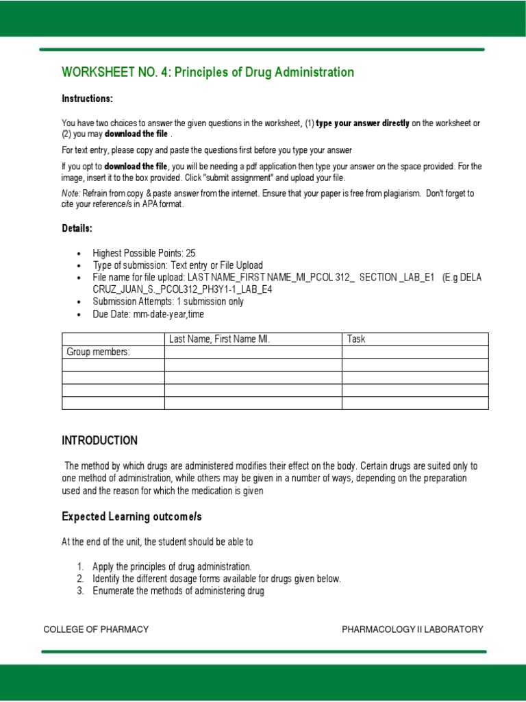 WORKSHEET NO. 4 Principles of Drug Administration | PDF | Chemistry ...