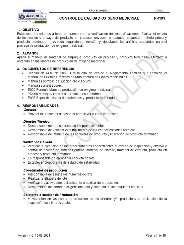 PR101-03 Control de Calidad Oxigeno Medicinal | PDF | Oxígeno | Carbón