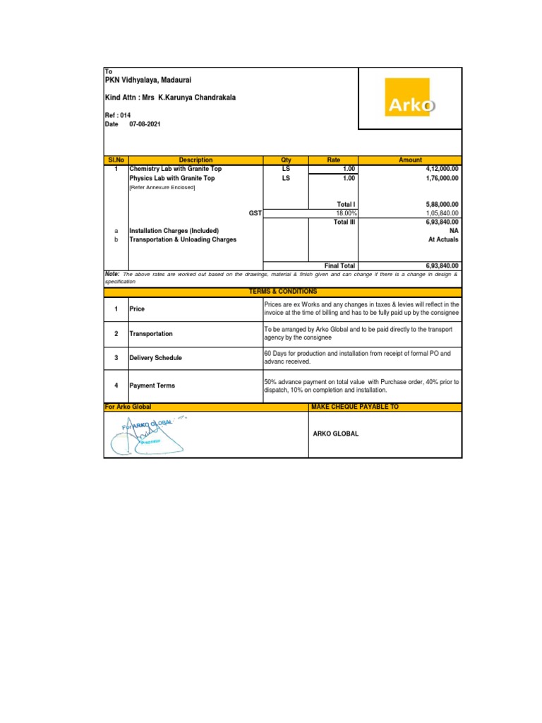 014-PKNVidhyalya-Quotation Granite Top | PDF | Payments | Taxes