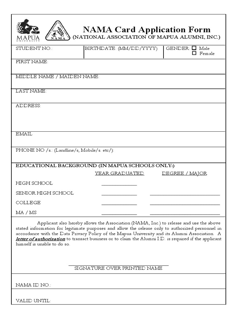 NAMA Card Application Form: (National Association of Mapua Alumni, Inc ...