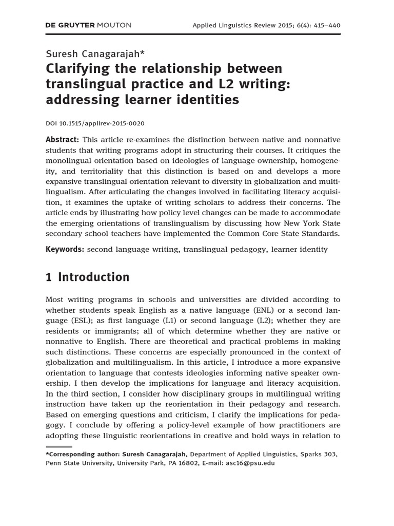 Clarifying The Relationship Between Translingual Practice and L2 ...