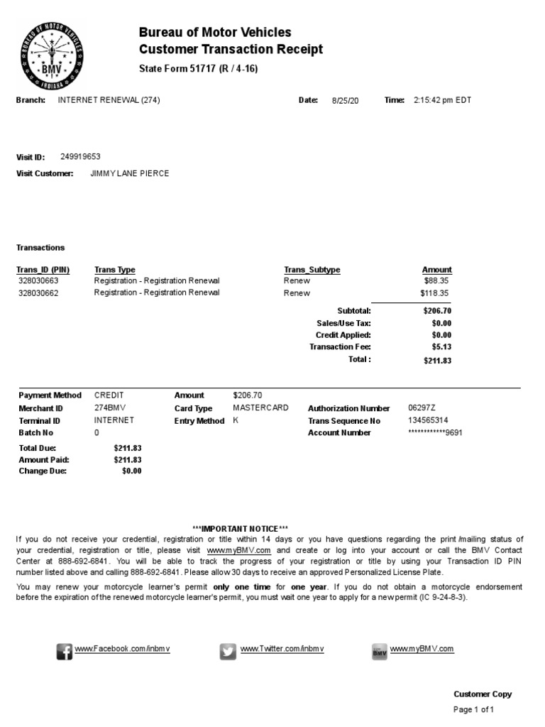 Bureau of Motor Vehicles Customer Transaction Receipt: State Form 51717 ...