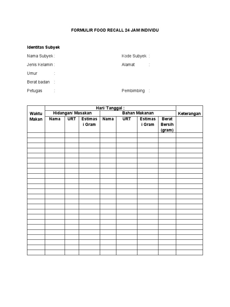 Formulir Food Recall 24 Jam Individu Kosongan | PDF