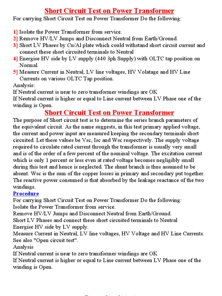 Short Circuit Test On Power Transformer: Procedure | PDF | Transformer ...