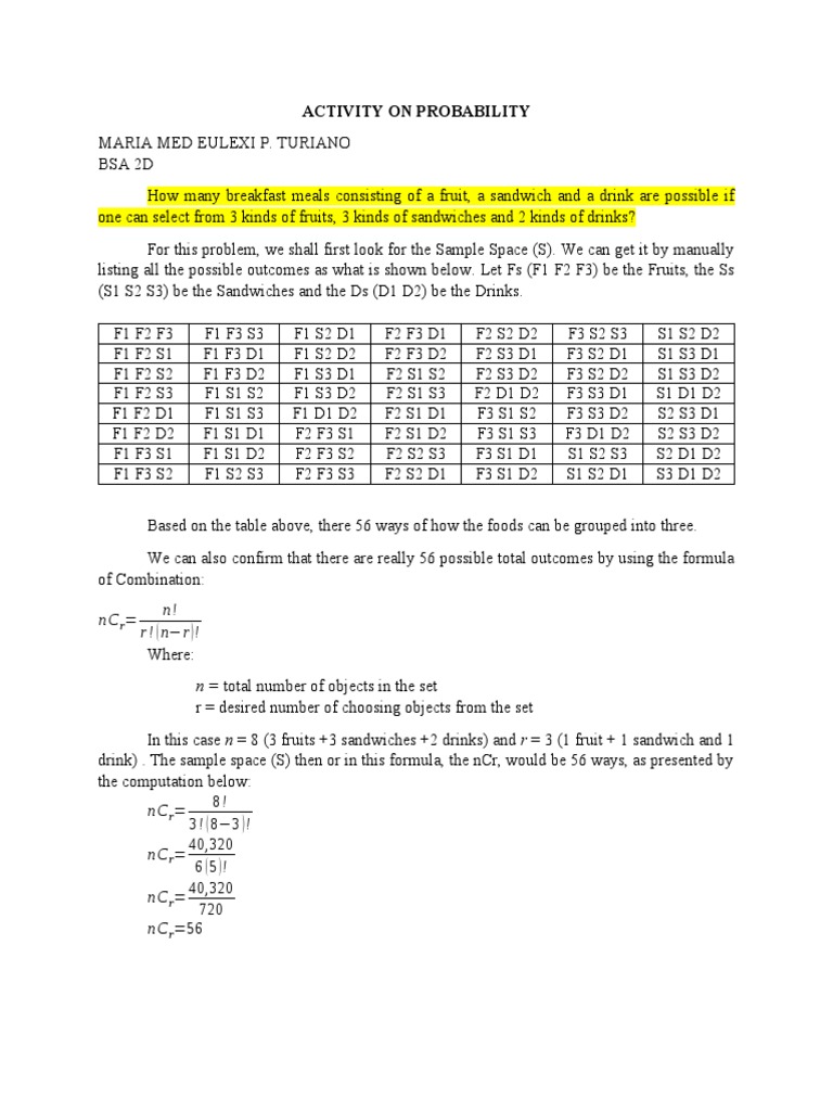 Calculating the Probability of Breakfast Combinations Using the ... Calculating the Probability of Breakfast Combinations Using the ...