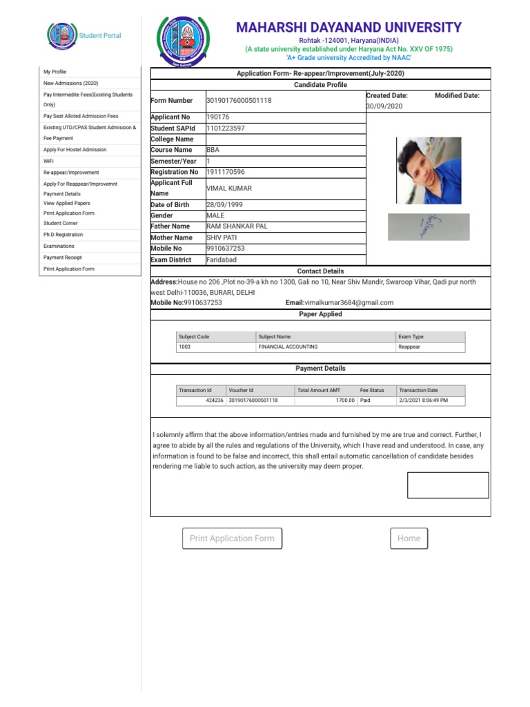 Maharshi Dayanand University: Student Portal | PDF | Service Industries
