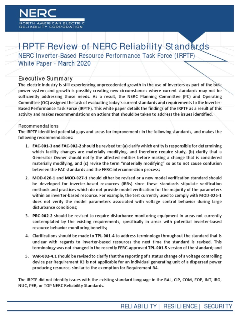 IRPTF Review of NERC Reliability Standards | PDF | Reliability ...