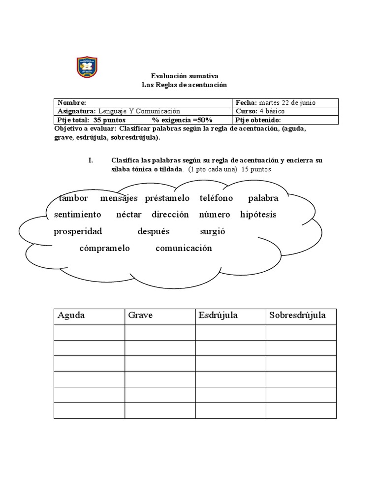 Prueba de Lenguaje Reglas de Acentuacion | PDF