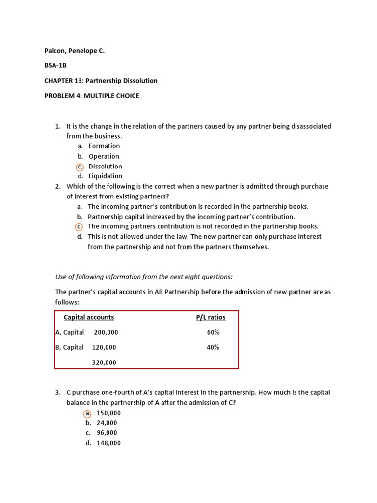 CHAPTER 13 - Partnership Dissolution (PROBLEM 4-Multiple Choice) | PDF | Debits And Credits ...
