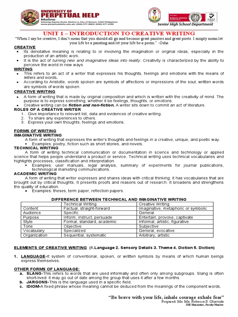 Unit 1 Creative Writing (Handouts) | PDF | Writers | Senses