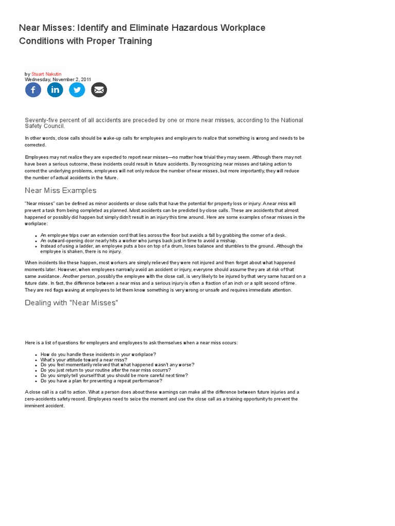 Near Misses: Workplace Safety Guide | PDF | Hazards | Supervisor