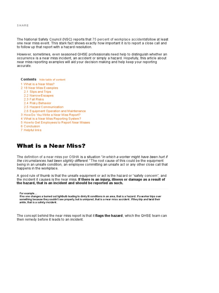 18 Essential Near Miss Reporting Examples | PDF | Occupational Safety ...