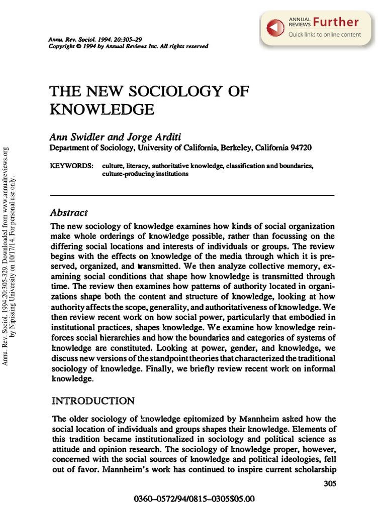 The New Sociology of Knowledge: Ann Swidler and Jorge Arditi 94720 ...