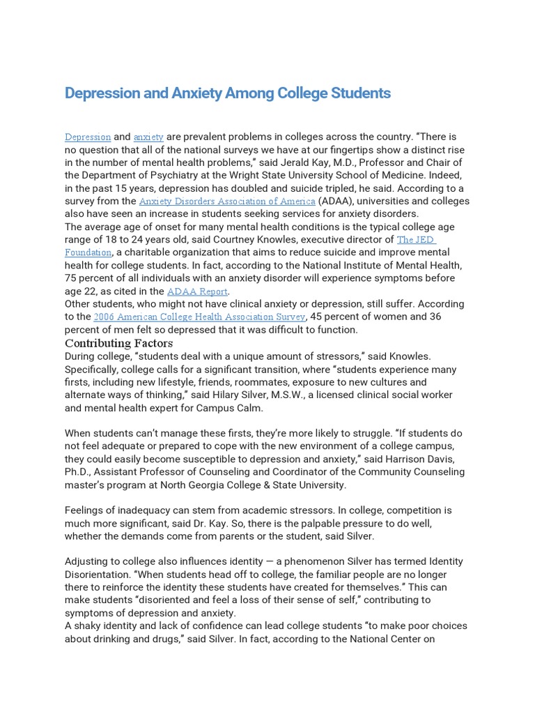 Depression and Anxiety Among College Students | PDF | Anxiety | Mental ...