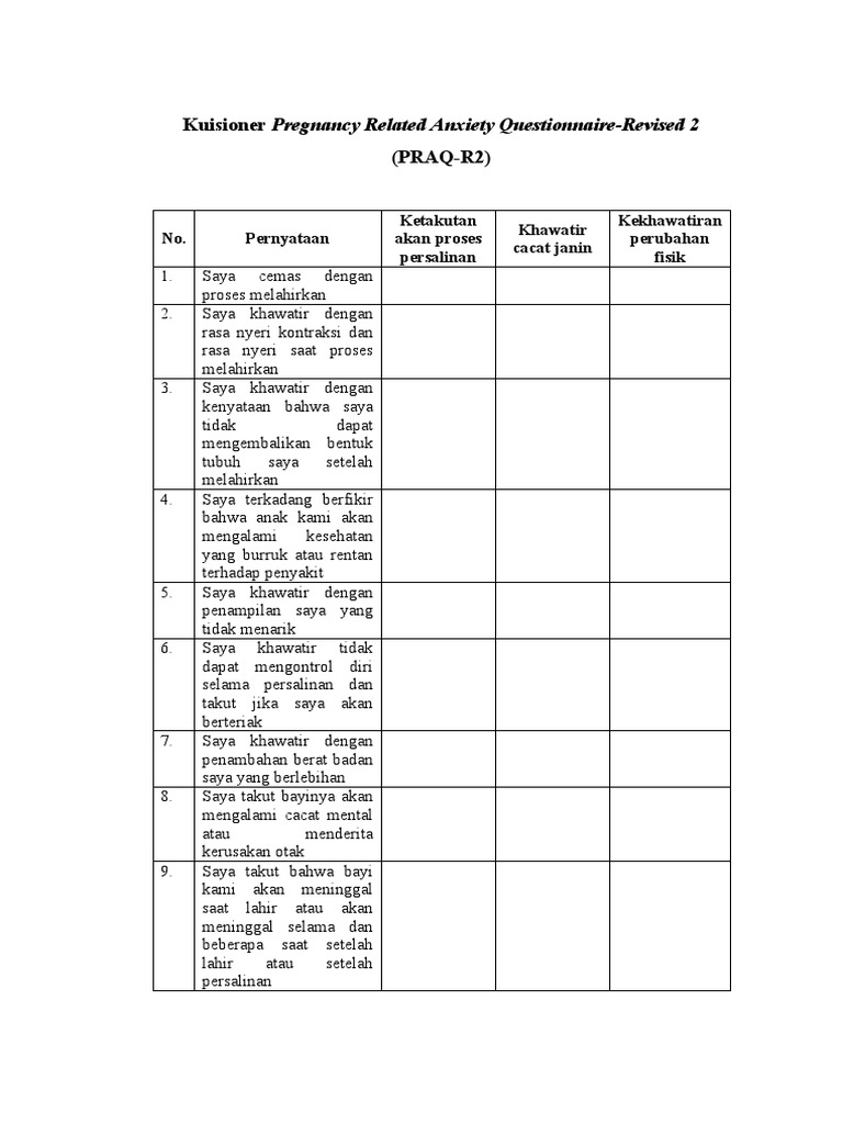 Kuisioner Pregnancy Related Anxiety Questionnaire (PRAQ-2) | PDF