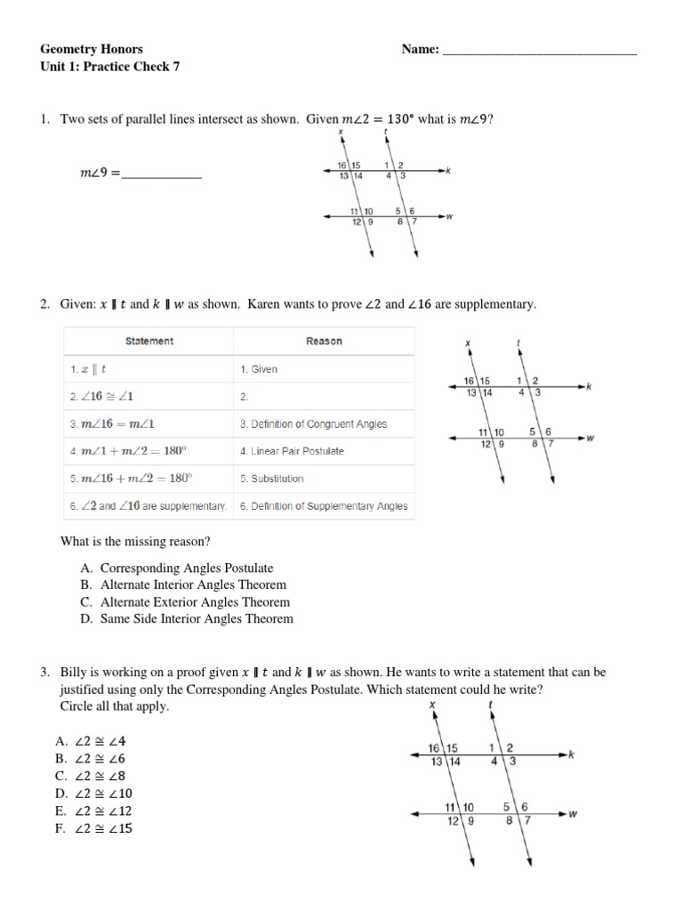 Geometry Honors Name: - Unit 1: Practice Check 7 | PDF | Perpendicular ...