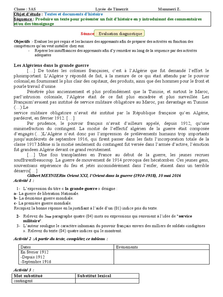 Évaluation-Diagnostique-3as-2021.docx Version 1 | PDF | Algérie | Première guerre mondiale