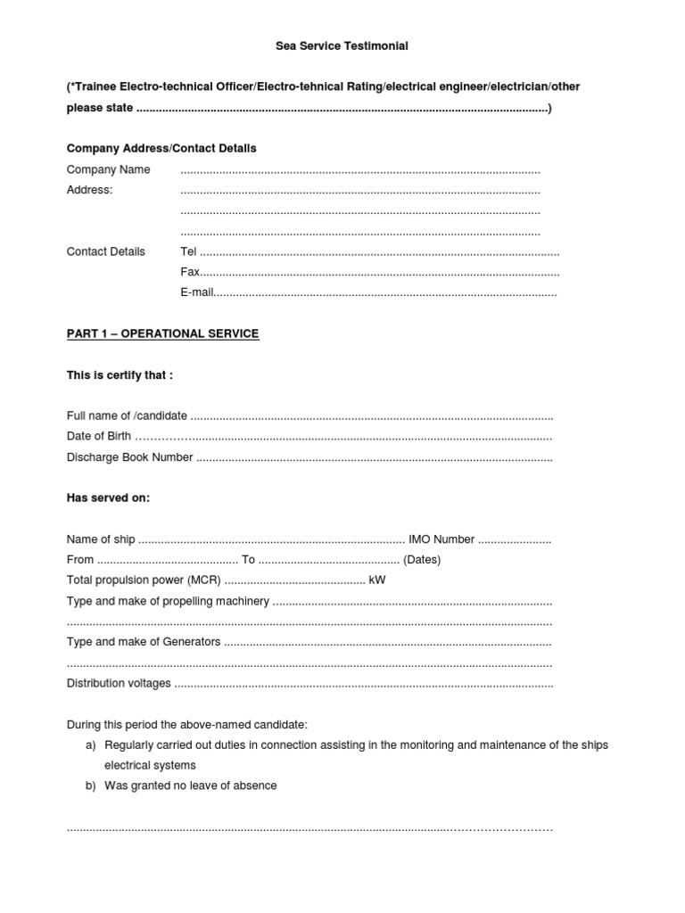 Sea Service Testimonial | PDF | Manufactured Goods | Electrical Engineering