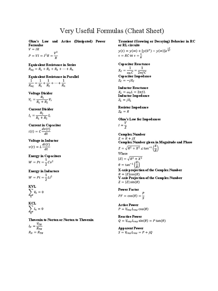 Very Useful Formulas (Cheat Sheet) | PDF | Electrical Impedance ...