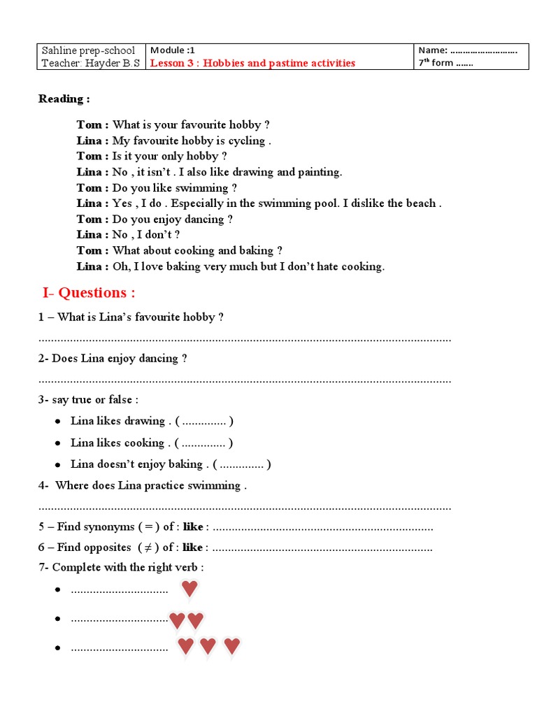 Module 1 Section 3 Hobbies And Pastime Activities Pdf Linguistics Grammar