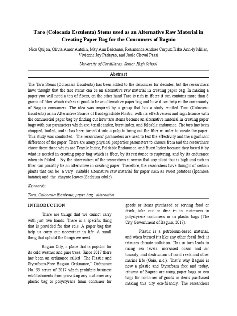 Taro Stems Used As An Alternative Raw Material in Creating Paper Bag ...