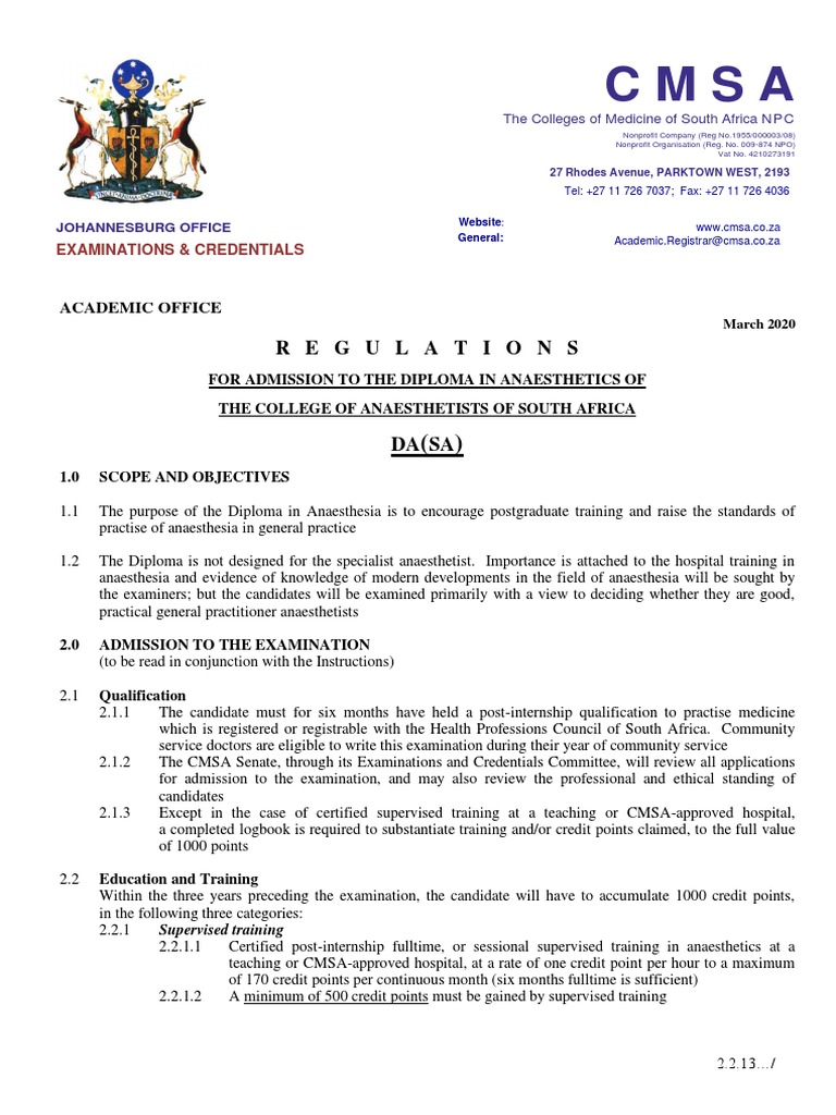 CMSA Diploma in Anaesthesia Regulations | PDF | Anesthesia | Test ...