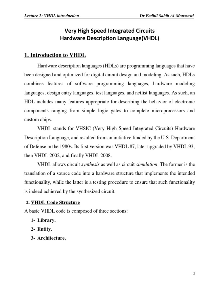 Very High Speed Integrated Circuits Hardware Description Language) VHDL ...