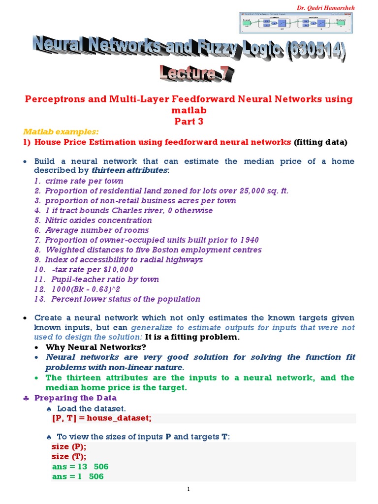 Lecture 7 - Perceptrons and Multi-Layer Feedforward Neural Networks Using Matlab Part 3 | PDF ...
