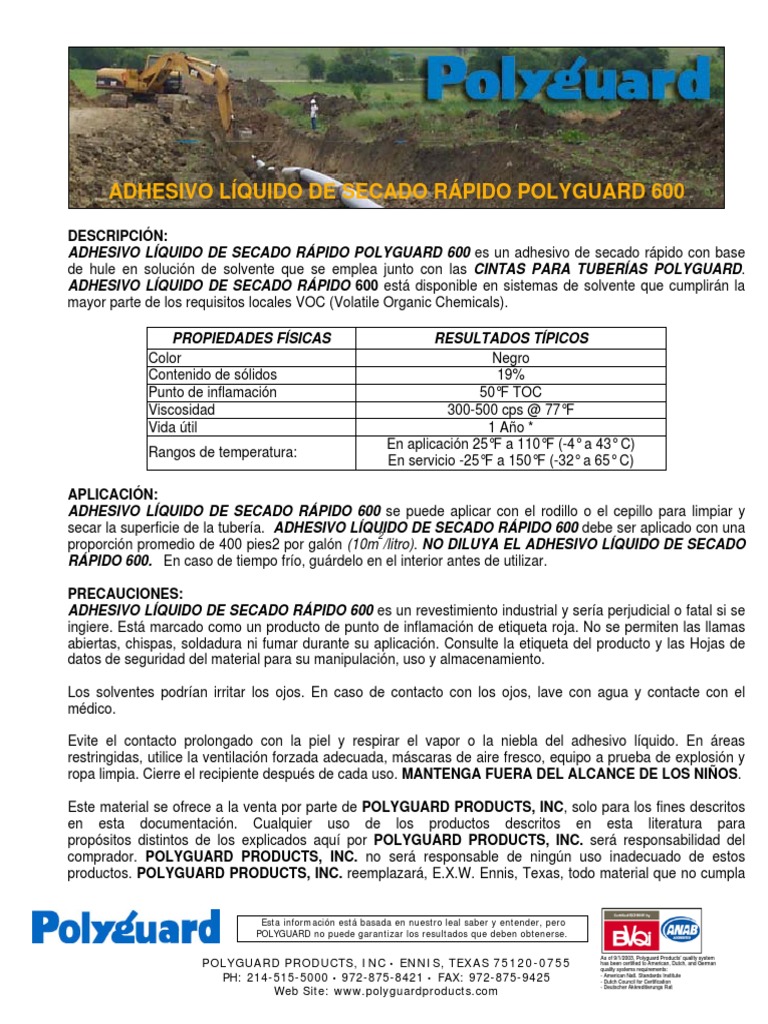 Adhesivo Rápido Polyguard 600 | PDF | Solvente | Química