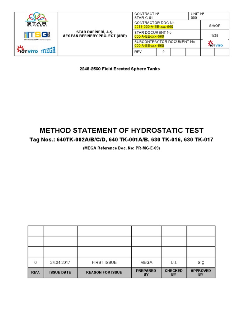 Method Statement of Hydrostatic Test: Tag Nos.: 640TK-002A/B/C/D, 640 ...