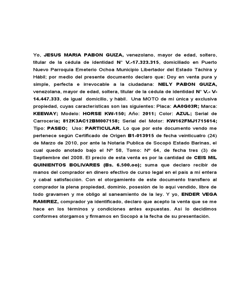Documento de Traspaso de Vehiculo | PDF | Venezuela | Coche