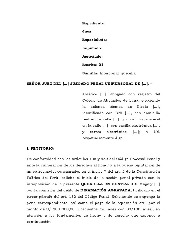 Modelo Escrito Querella | PDF | Derecho penal | Queja