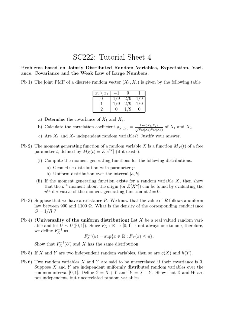 SC222: Tutorial Sheet 4 | PDF | Random Variable | Probability Distribution
