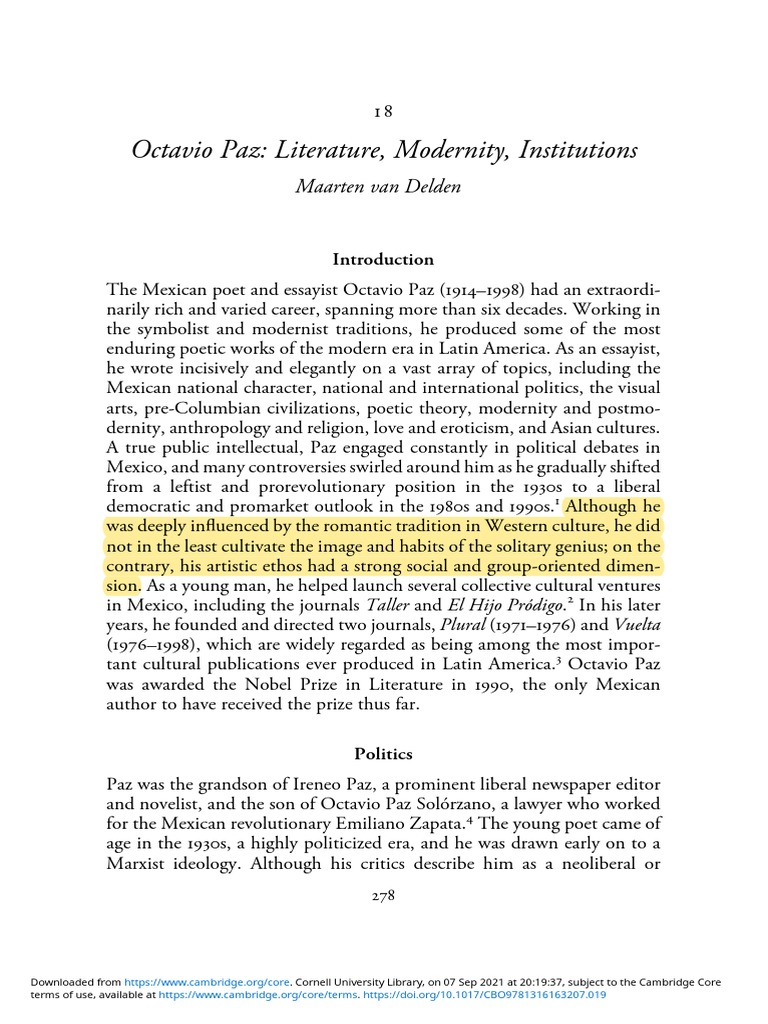 Octavio Paz: Literature, Modernity, Institutions | PDF | Mexico | Poetry
