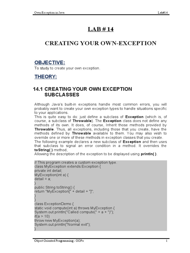 Creating Your Own-Exception: Objective: Theory | PDF | Method (Computer ...