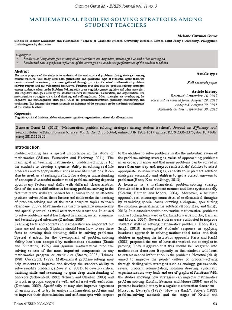Mathematical Problem-Solving Strategies Among Student Teachers | PDF | Metacognition | Mathematics
