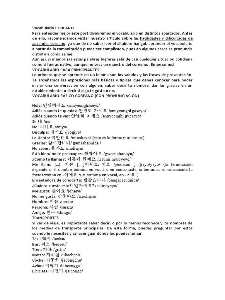 Vocabulario COREANO | PDF | Lenguaje Koreano