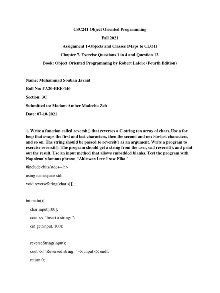 OOP Assignment 1, FA20-BEE-3C-146 | PDF | Array Data Structure | Namespace