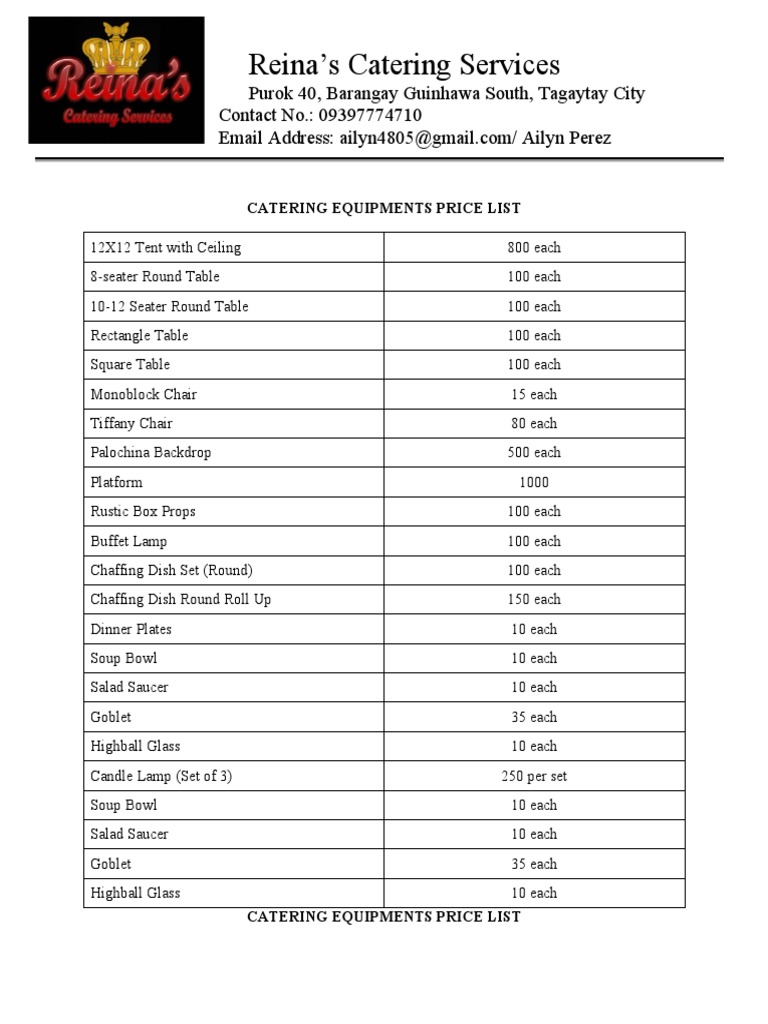 Reinas Catering Equipment Price List | PDF | Tableware | Food And Drink