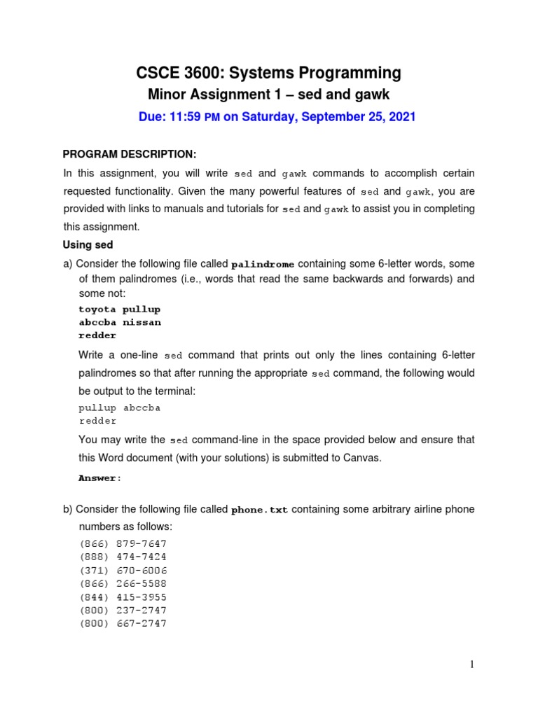 CSCE 3600: Systems Programming: Minor Assignment 1 - Sed and Gawk | PDF | Comma Separated Values ...