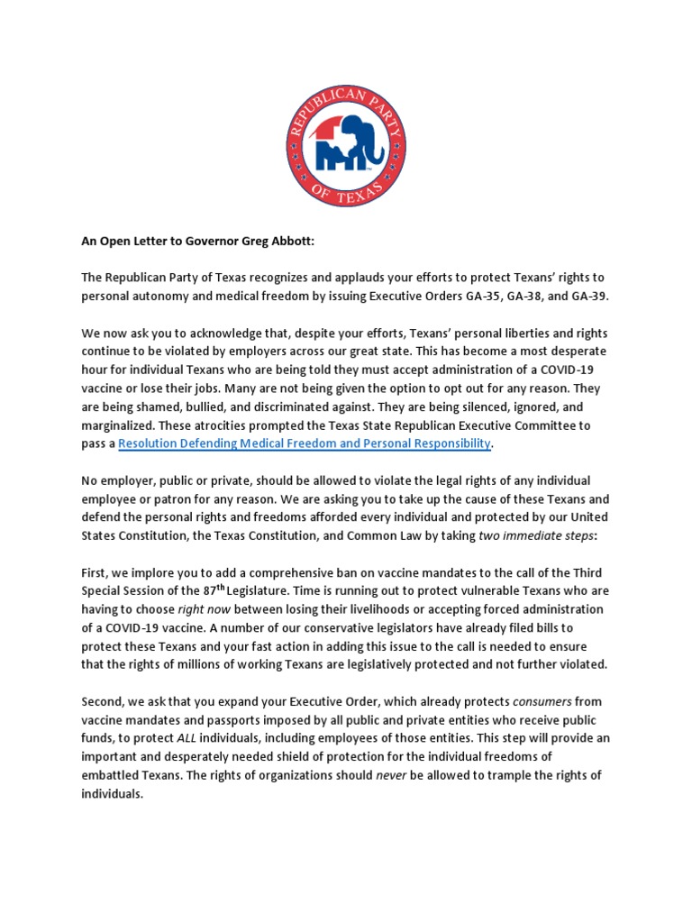 Open Letter To Governor Abbott On Vaccine Mandates | PDF | Texas | Greg ...