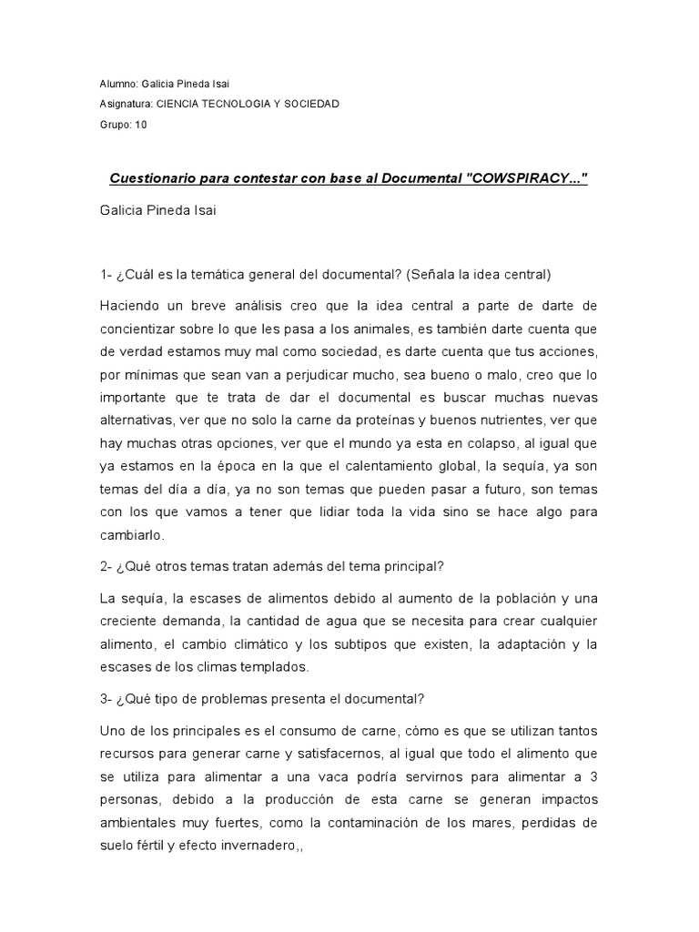 Cuestionario Cowspiracy - Galicia Pineda Isai | PDF | Carne | Alimentos