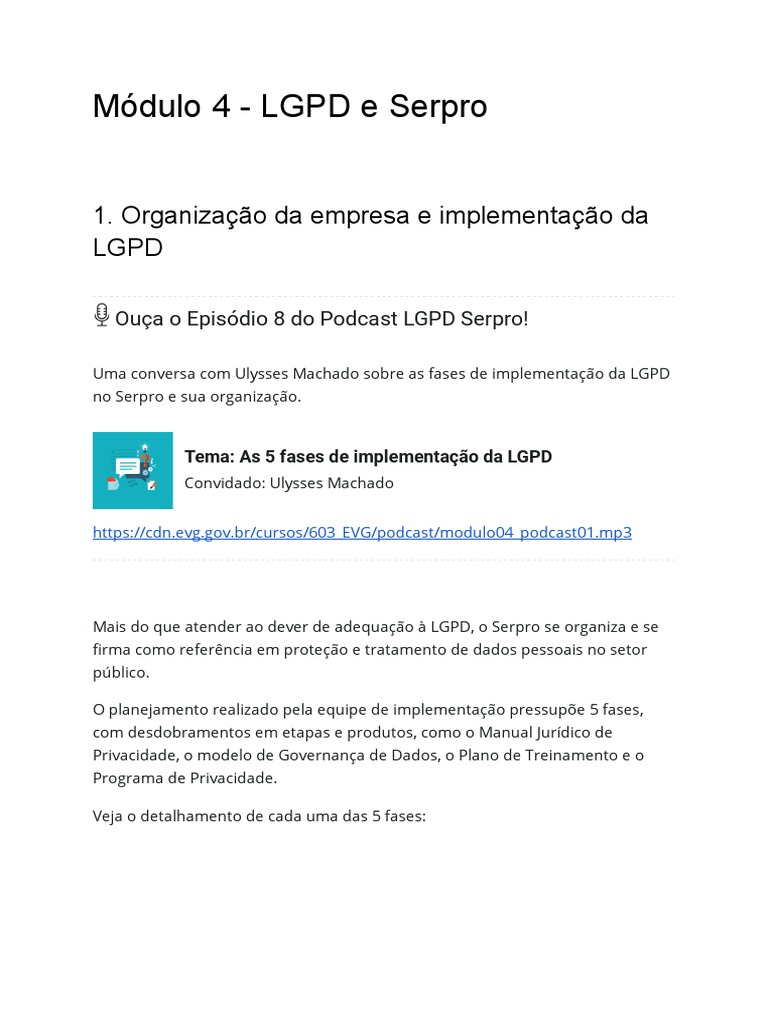 Módulo 4 - LGPD e Serpro | PDF | Governança | Privacidade de informações