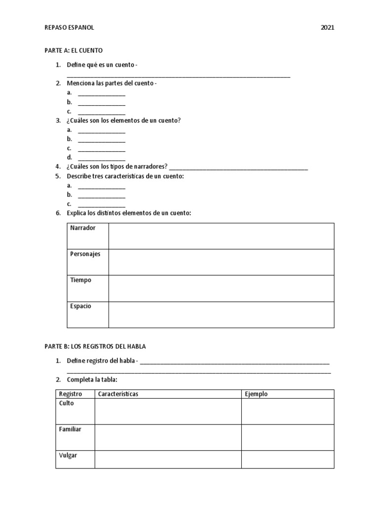 Guía de Repaso de Español 2021 | PDF | Verbo | Gramática
