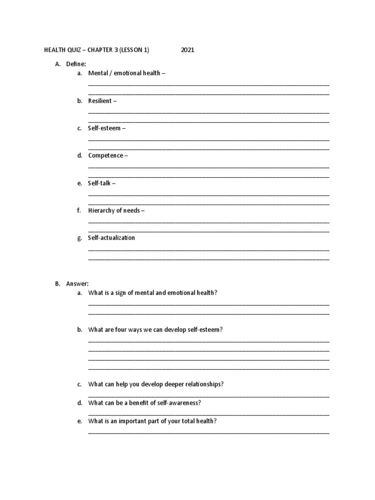 HEALTH QUIZ Chapter 3 Lesson 1 | PDF | Mental Health | Self Esteem