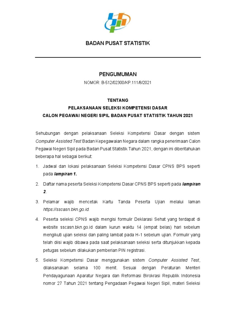 Pengumuman Pelaksanaan SKD CPNS BPS 2021 | PDF