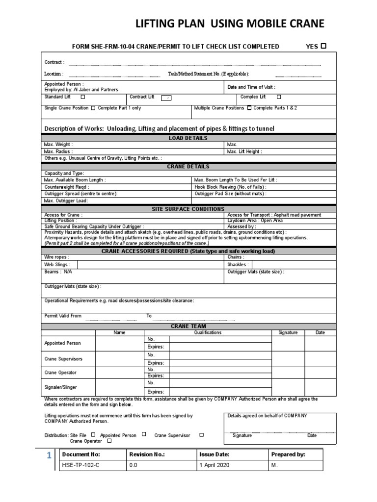 HSE-TP-102-C Lifting Plan Using Mobile Crane | PDF | Crane (Machine ...