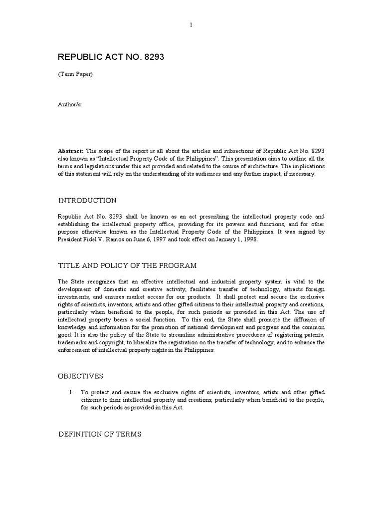 Ra 8293 - Term Paper | PDF | Intellectual Property | Trademark